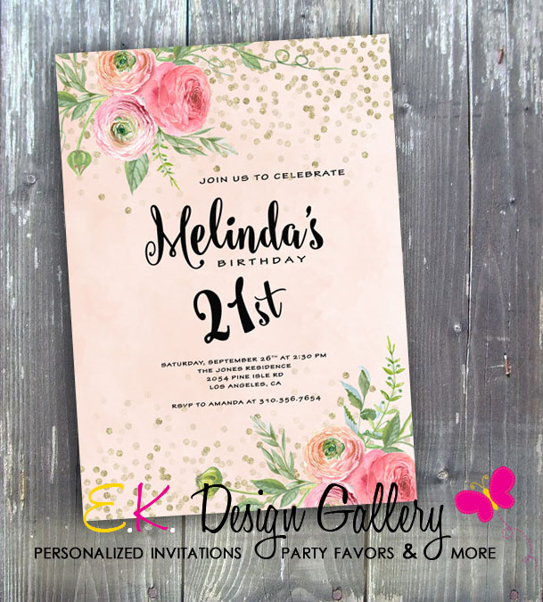 Elegand Flower 21st Birthday Party Invitation Printed